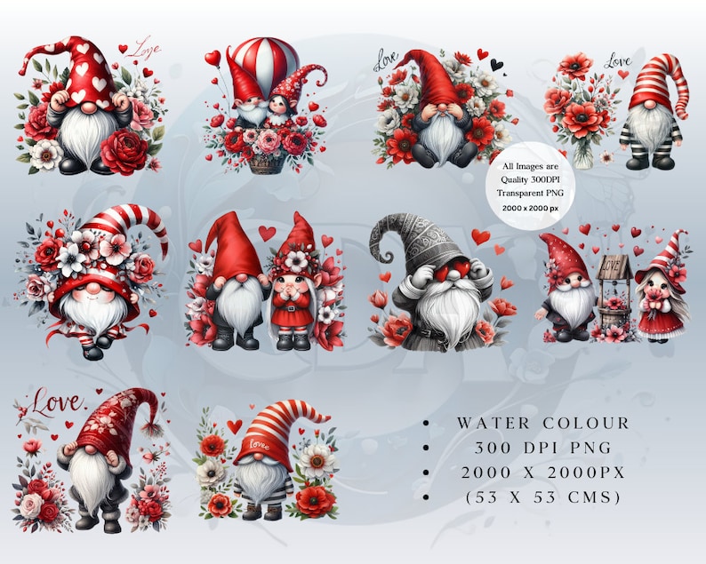 22 Cute Red Valentine Gnomes Clipart PNG Set 2 Romantic Gnomes in Love ...