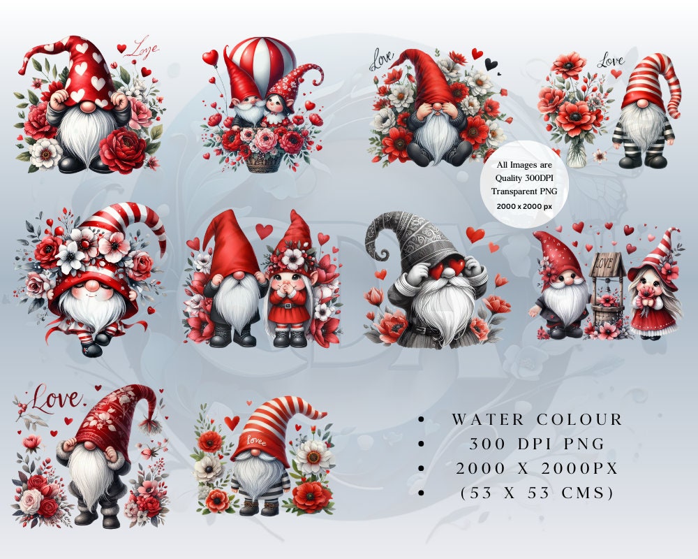 22 Cute Red Valentine Gnomes Clipart PNG Set 2 Romantic Gnomes in Love ...