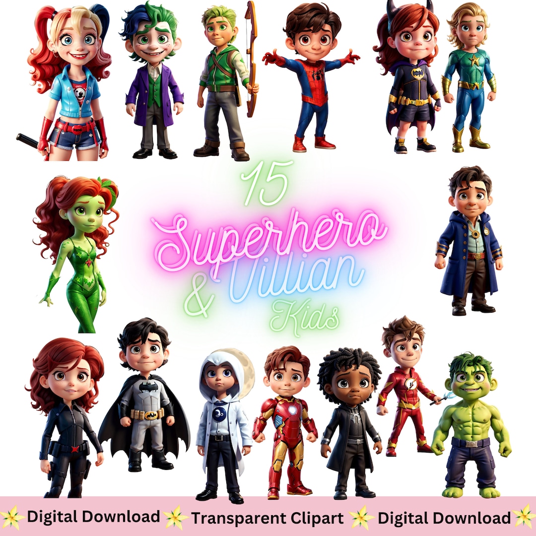 Superhero & Villain Kid Clipart Bundle High Quality PNG - Etsy