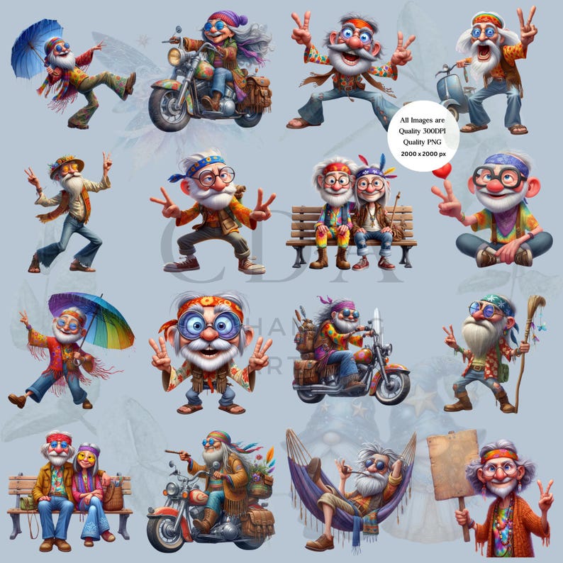 Funny Grandpa Hippie PNG Clipart Set | Cute Quirky Old Man Sublimation ...
