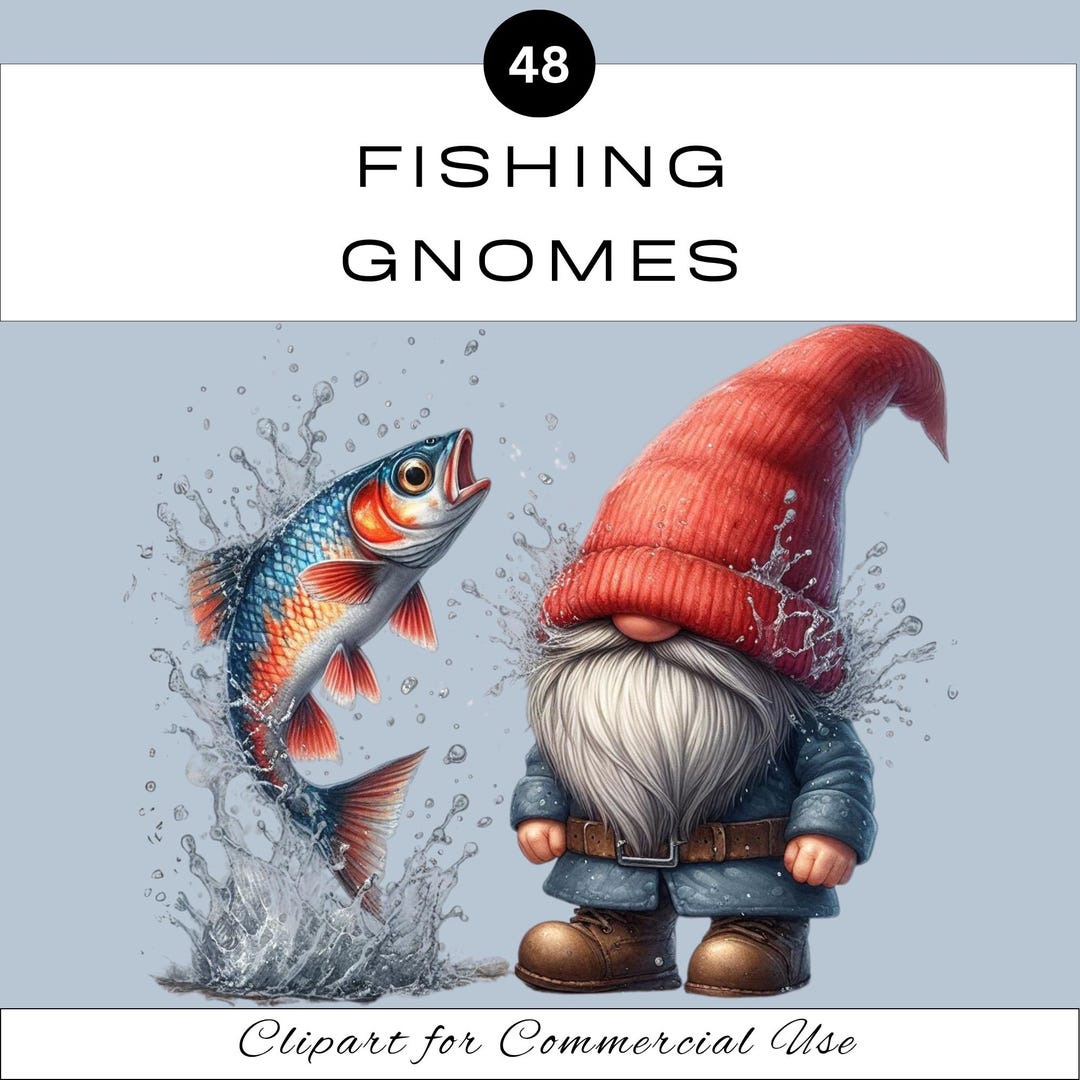 Cute Fishing Gnome Clipart PNG Bundle | Watercolour Fisherman Fish ...