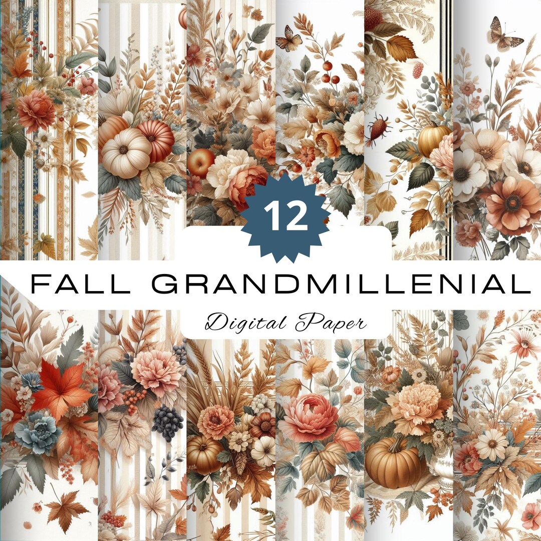 Fall Grandmillenial Digital Paper | Watercolor Autumn Floral Leaf ...