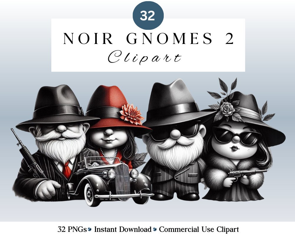 Watercolour Noir Gnome Clipart PNG Bundle 2 | Gangster Gnomes ...