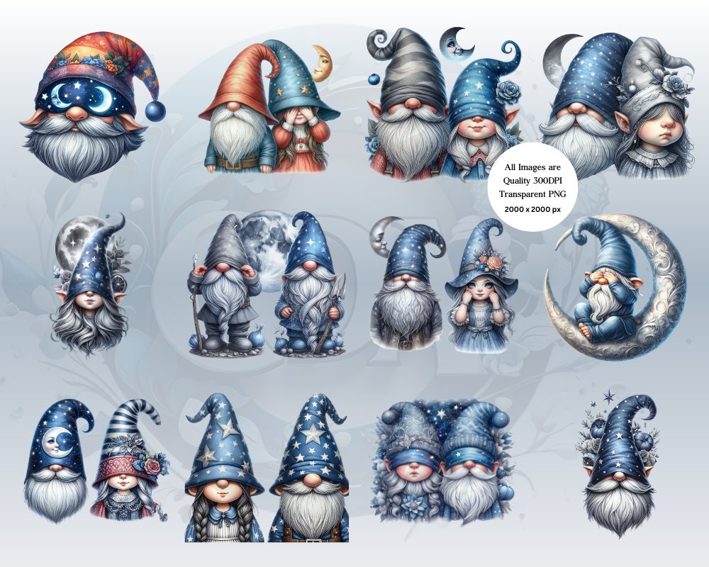 Moon and Stars Gnome Clipart PNG Set 2 Moonlight Gnomes Watercolour ...