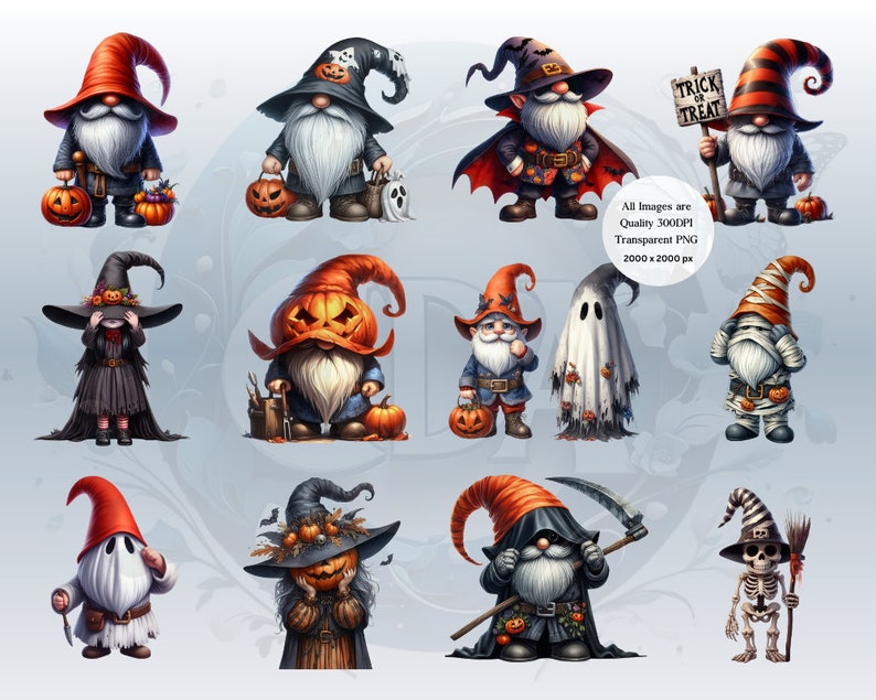 Cute Halloween Gnome Clipart 2 Whimsical Gnome Watercolor PNG Costume ...