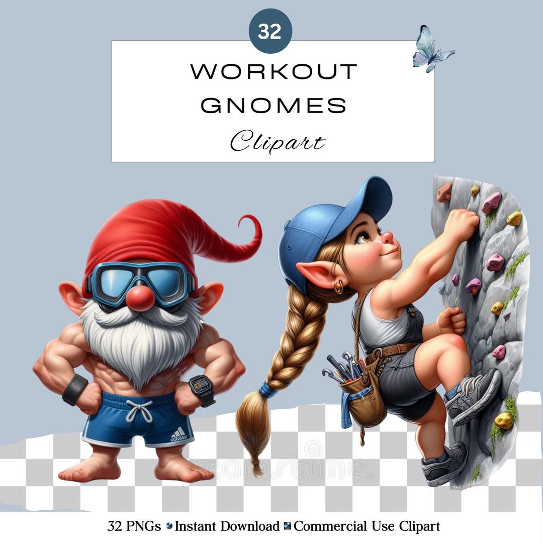 Workout Gnome Clipart PNG Bundle | Cute Fitness Gym Gnomes ...