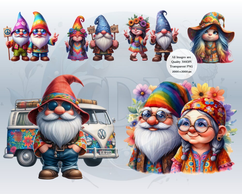 Hippie Gnome Clipart PNG Set 2 Watercolour 60s 70s Psychedelic Gnomes ...