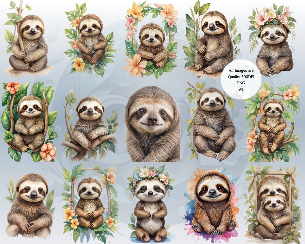 Cute Sloth PNG Clipart Bundle 26 Transparent PNG Files Commercial Use ...