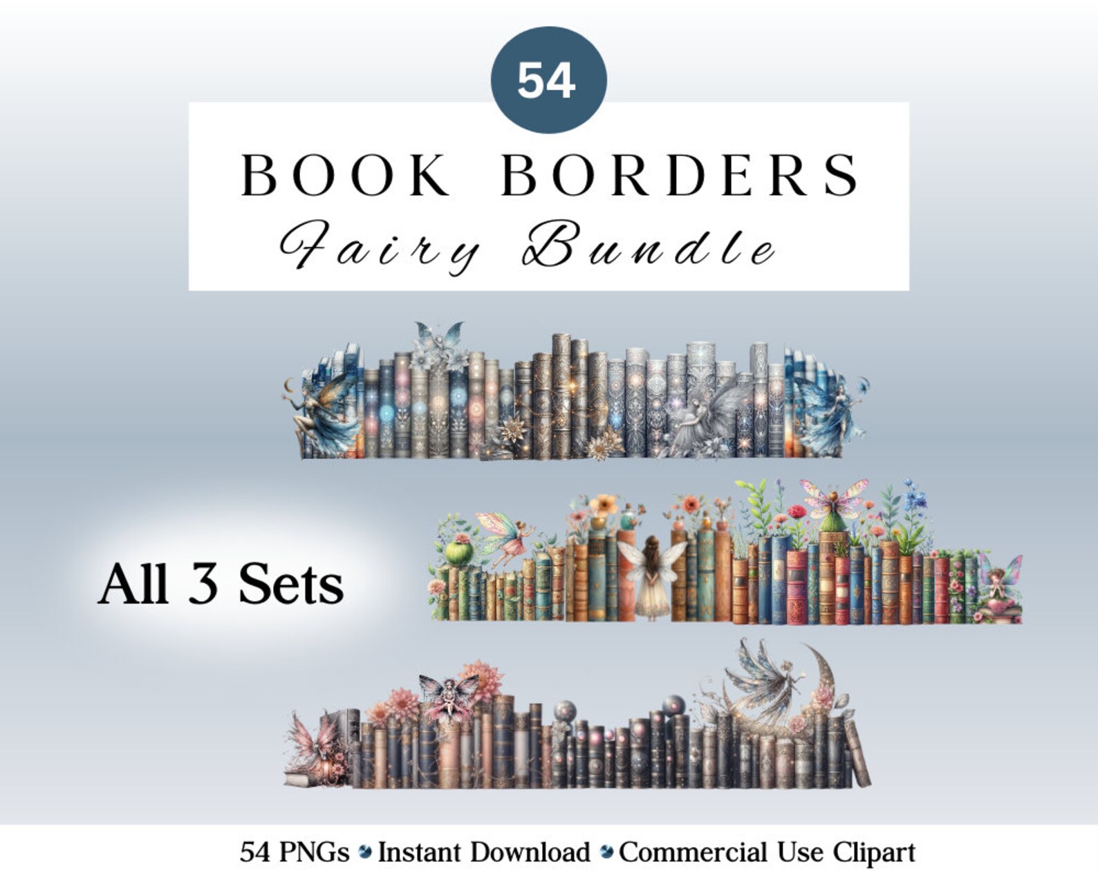 Fairy Book Border Clipart PNG Bundle | Bookshelf Watercolor Clipart ...