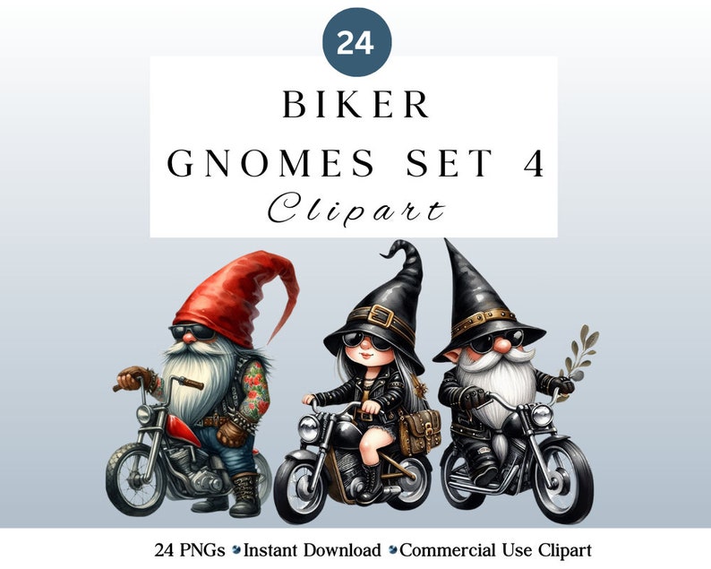 24 Cute Biker Gnomes Clipart PNG Set 4 Watercolour Gnomes DIY and Creators Commercial Use - Etsy