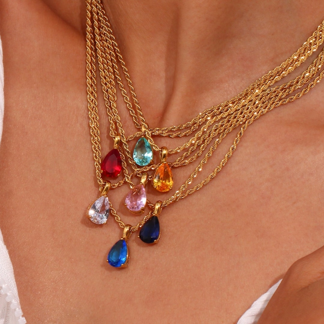 GOLD Birthstone Necklace Dainty Teardrop Shape Pendant - Etsy