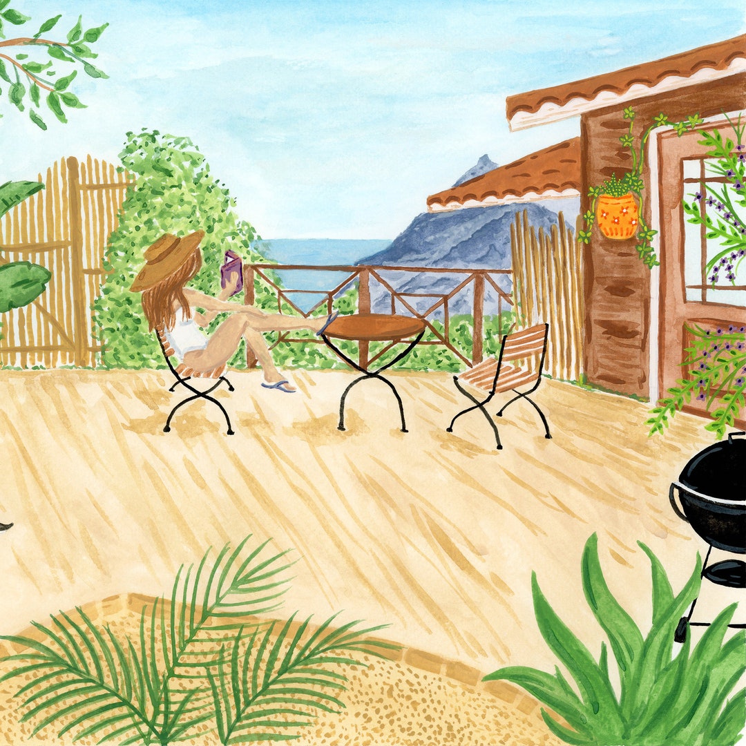 Ocean View, Green Garden, Patio, Sea View Watercolour Print, secret ...