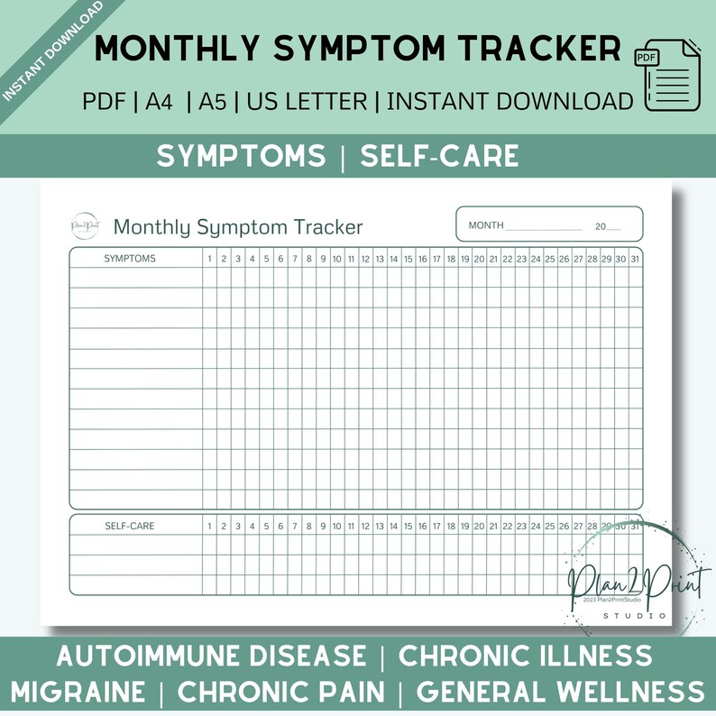 Printable Monthly Symptom Tracker, Chronic Illness, Pain Tracker, Symptom Journal, Autoimmune ...
