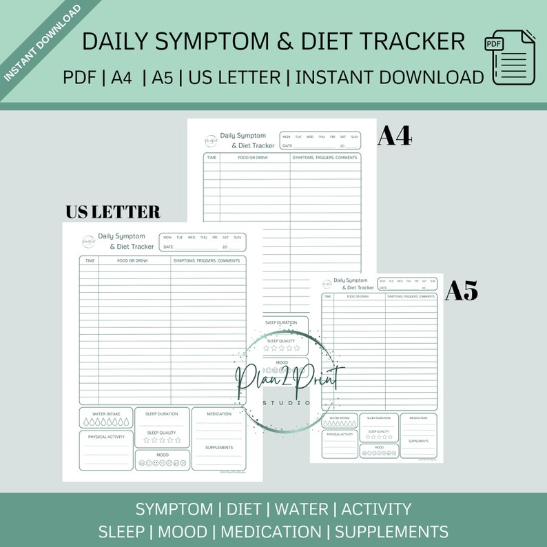 Printable Daily Symptom & Diet Tracker, Chronic Illness, Pain Tracker ...