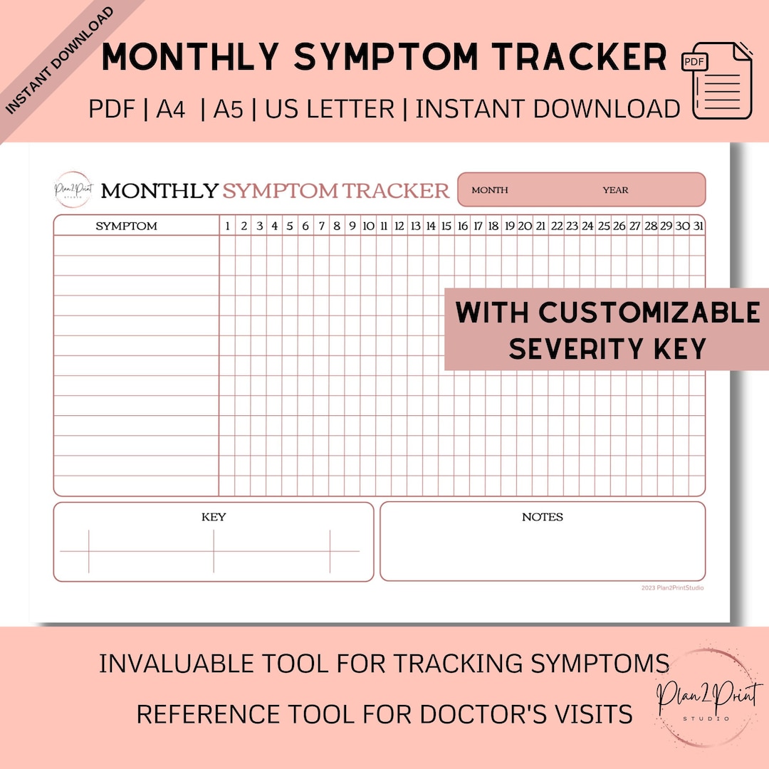 Printable Monthly Symptom Tracker, Severity Key, Customizable, Chronic ...