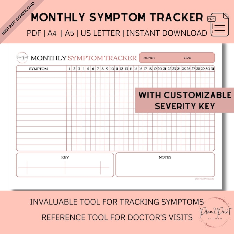 Printable Monthly Symptom Tracker, Severity Key, Customizable, Chronic ...