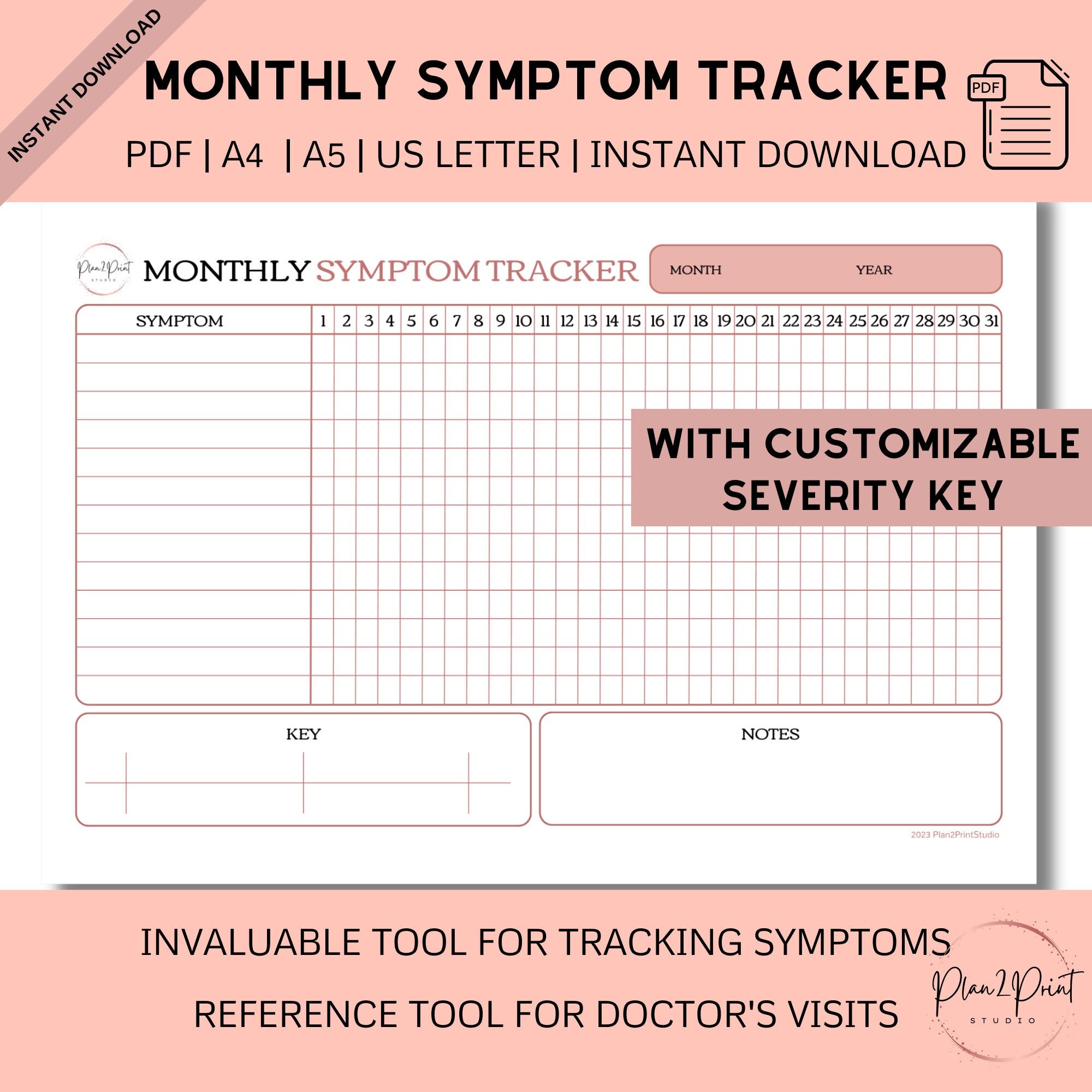 Printable Monthly Symptom Tracker, Severity Key, Customizable, Chronic ...
