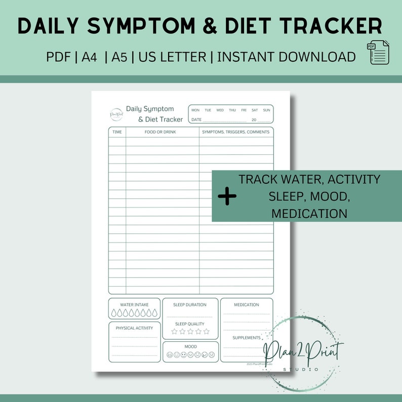 Printable Daily Symptom & Diet Tracker, Chronic Illness, Pain Tracker ...