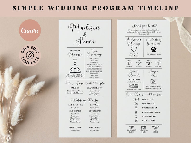 Modern Wedding Program Template, Minimalist Wedding Day Timeline ...