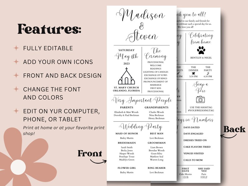 Modern Wedding Program Template, Minimalist Wedding Day Timeline ...