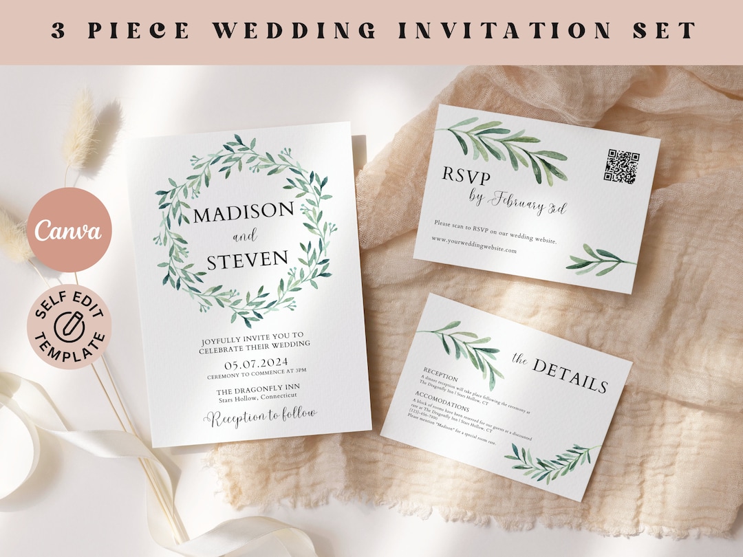 Editable Wedding Invitation QR Code RSVP, Greenery Wedding Invitation ...