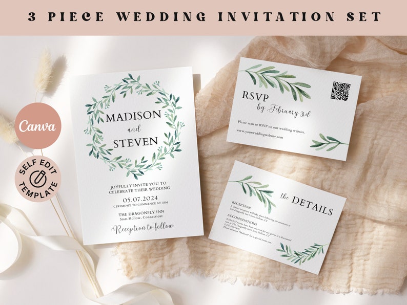 Editable Wedding Invitation QR Code RSVP Greenery Wedding - Etsy