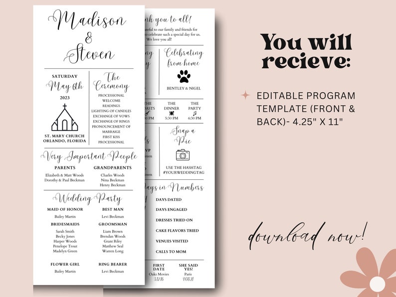 Modern Wedding Program Template, Minimalist Wedding Day Timeline ...