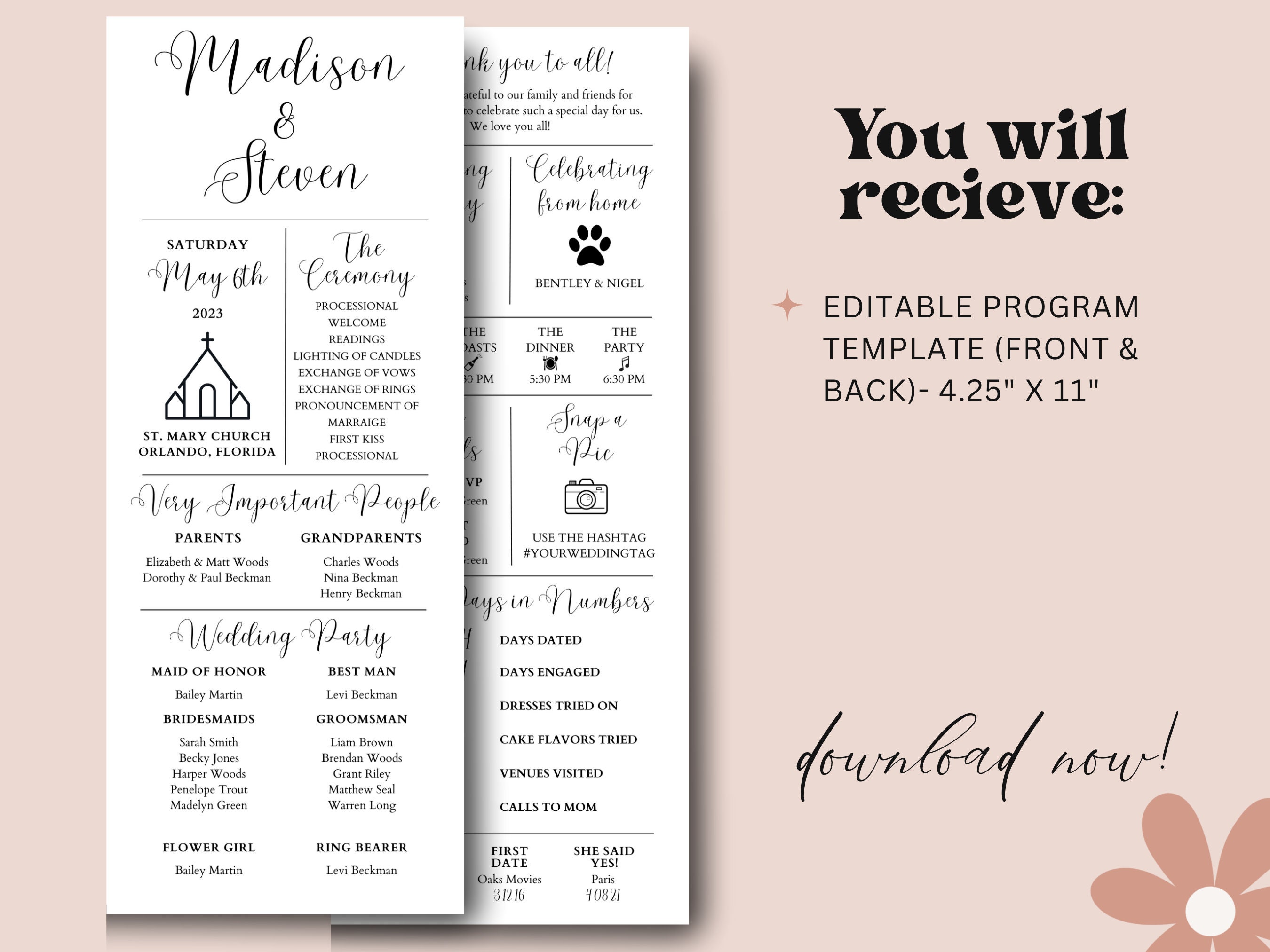 Modern Wedding Program Template, Minimalist Wedding Day Timeline ...