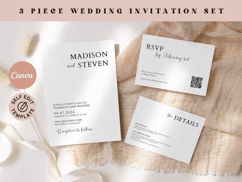 Editable Wedding Invitation With QR Code RSVP, Simple Wedding ...