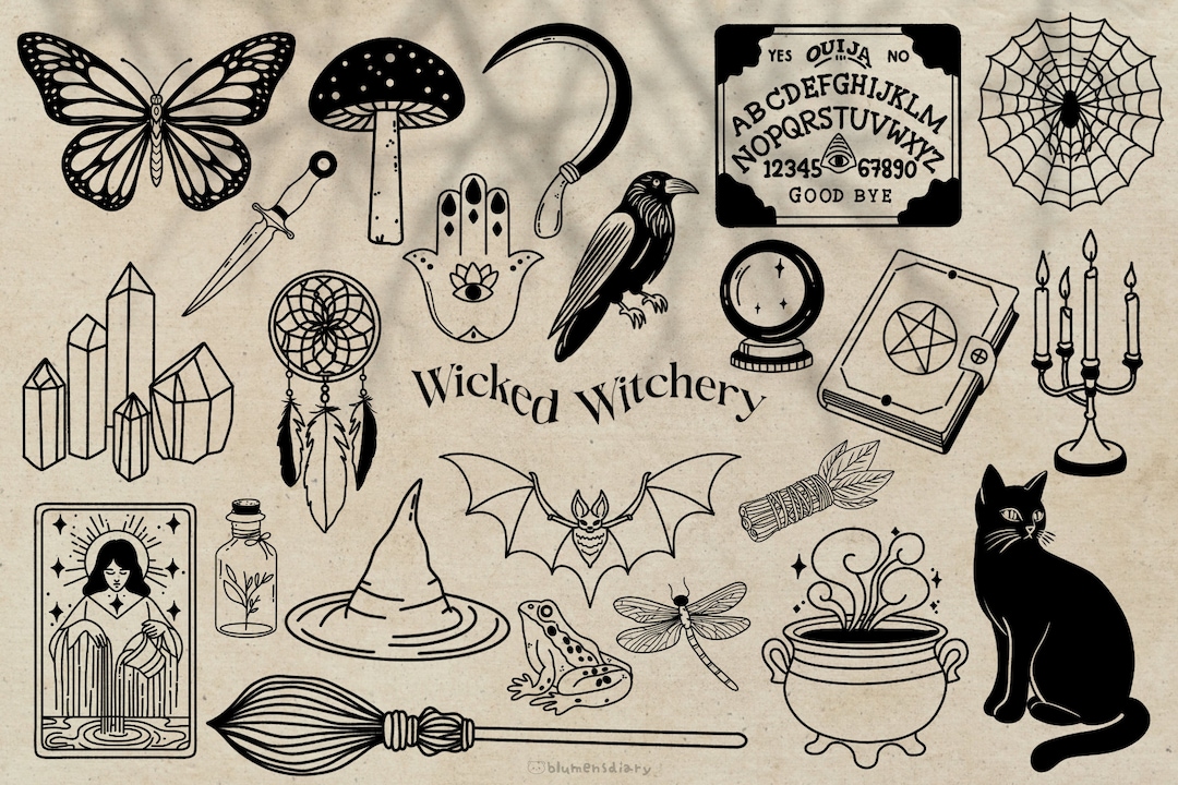 Halloween Witch Line Art Clipart: Spooky Graphics, Seamless Patterns ...