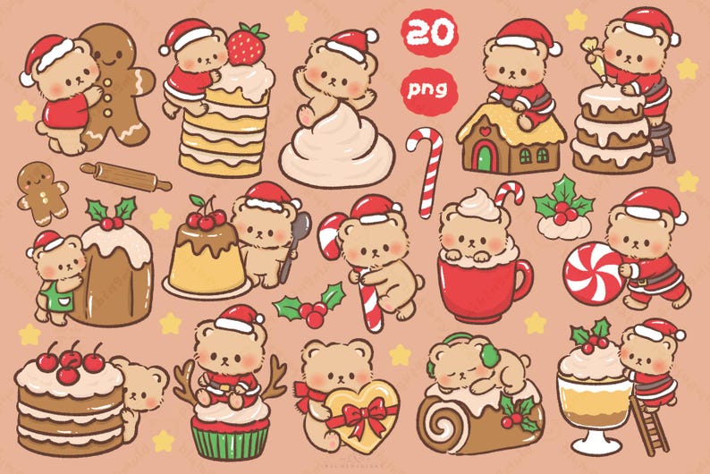 Kawaii Christmas Bear Bakery Clipart: Festive Holiday Desserts (digital ...