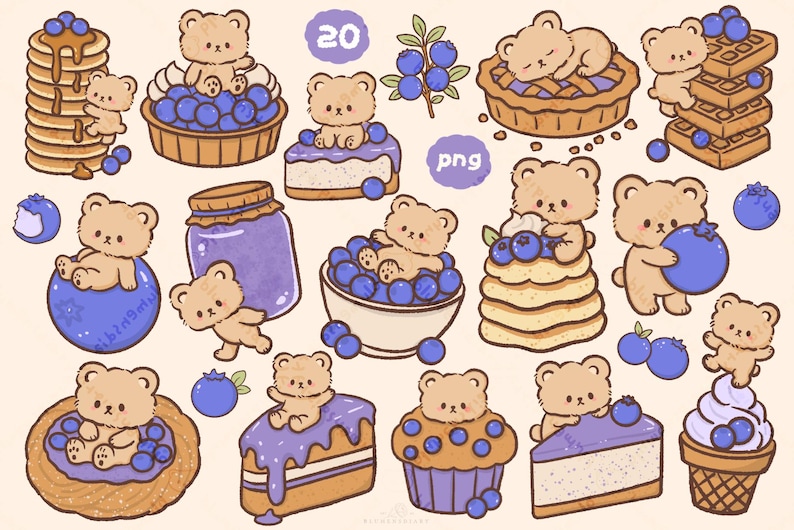 Milo Mochi Bear Clipart: Kawaii Blueberry Dessert PNG (digital Download ...
