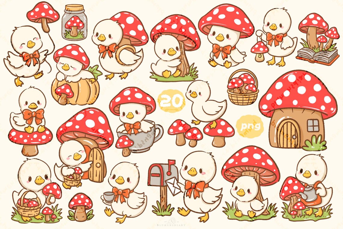 Silly Goose Clipart: Mushroom Meadow Kawaii Stickers (PNG Digital ...
