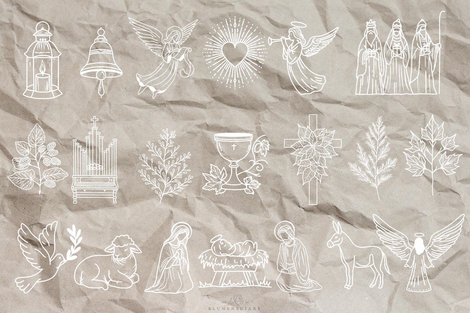 Holy Night Nativity Scene Line Art Clipart - Christmas Nativity Doodles ...