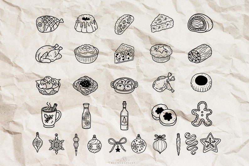 Christmas Feast Line Art Clipart 30 PNG Hand Drawn Holiday Food ...