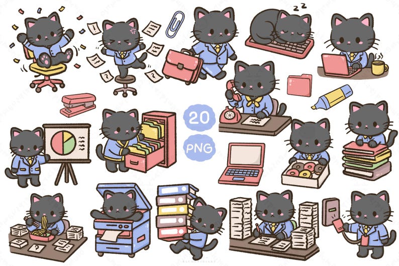 Luna the Black Cat Office Life Clipart Kawaii Work From Home PNG Cute ...
