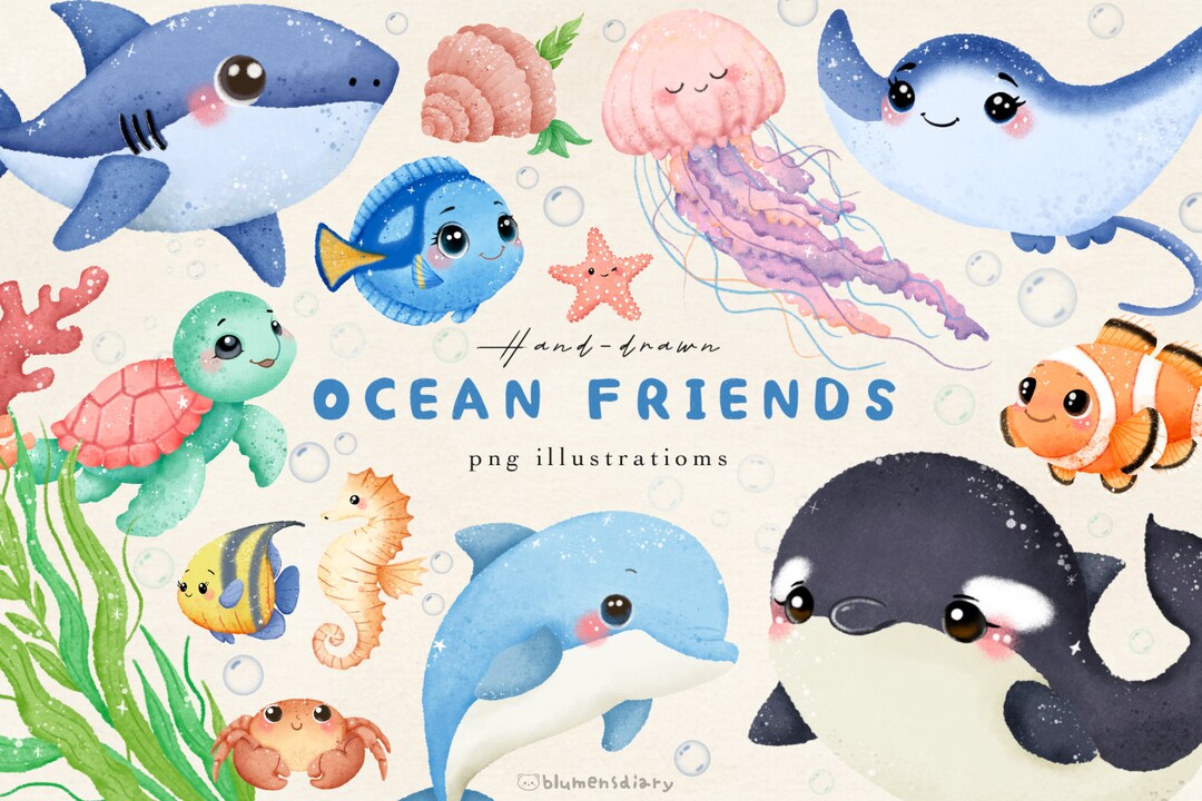 Ocean Friends Clipart: 31 Aquatic Life PNG Illustrations (digital ...