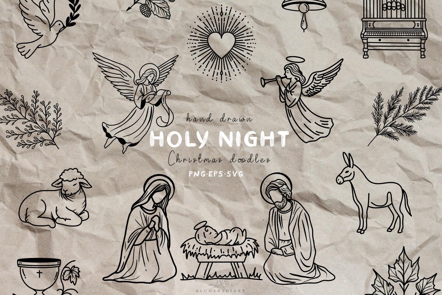 Holy Night Nativity Scene Line Art Clipart - Christmas Nativity Doodles ...