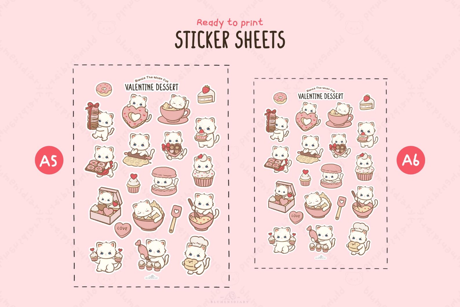 Kawaii Hand Drawn White Cat Valentine Clipart: Dessert PNG, Sticker ...