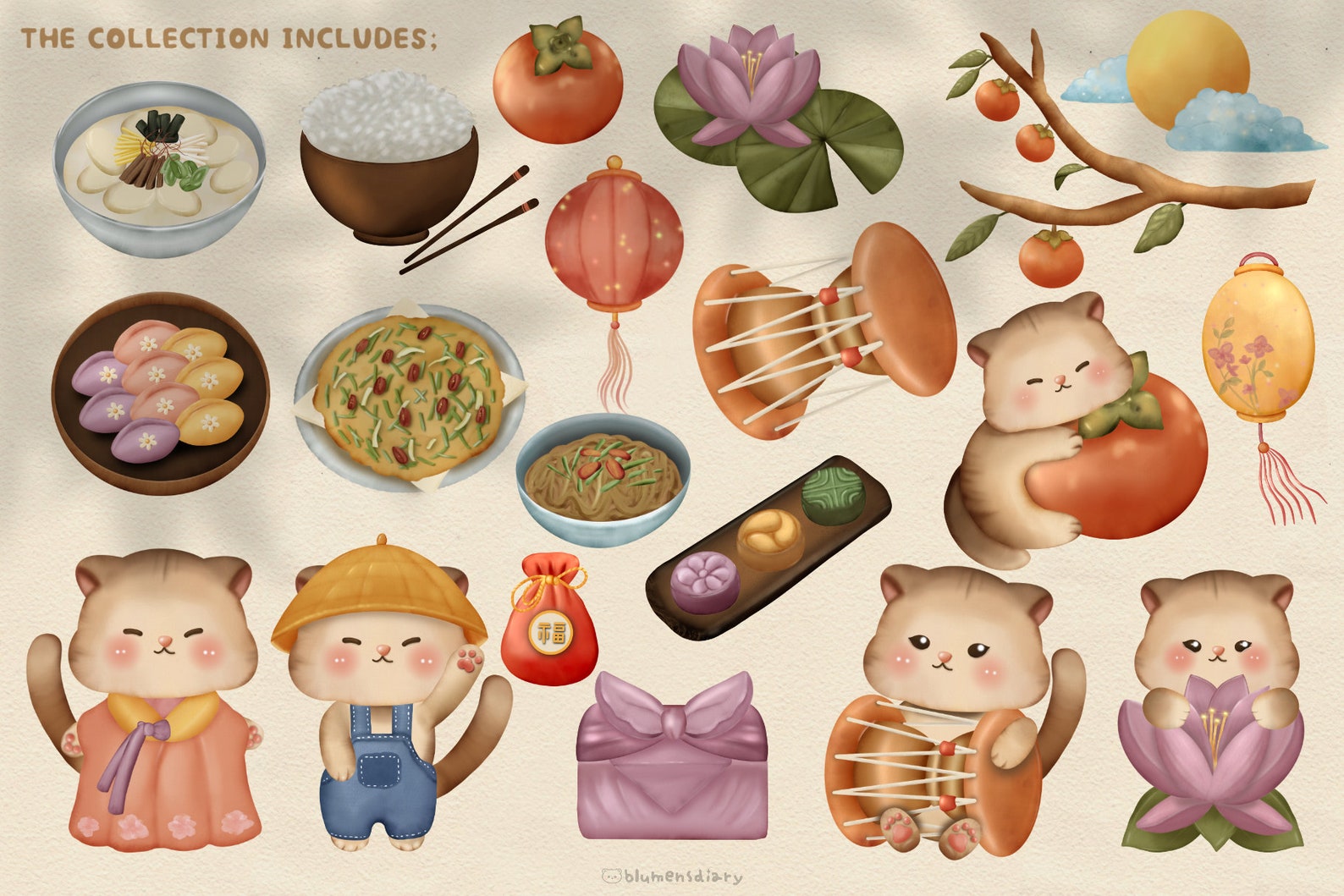 Watercolor Cat Chuseok Clip Art: Kawaii Korean Thanksgiving Pngs - Etsy