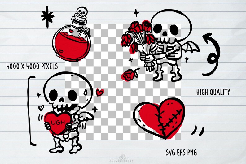 Gothic Valentine Skeleton Clipart | Creepy Doodle Illustrations (PNG ...