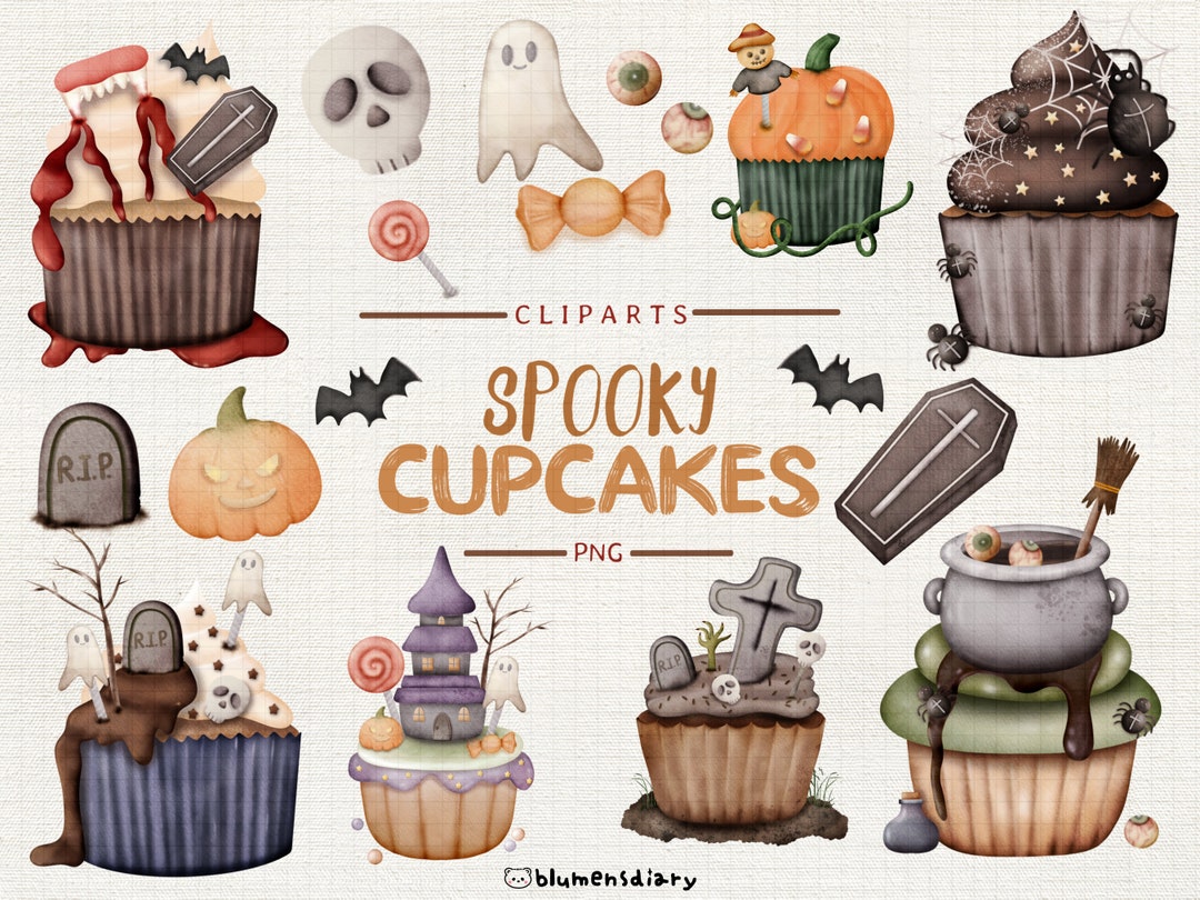 Watercolor Spooky Halloween Cupcakes Clip Art Illustration Hand Drawn ...