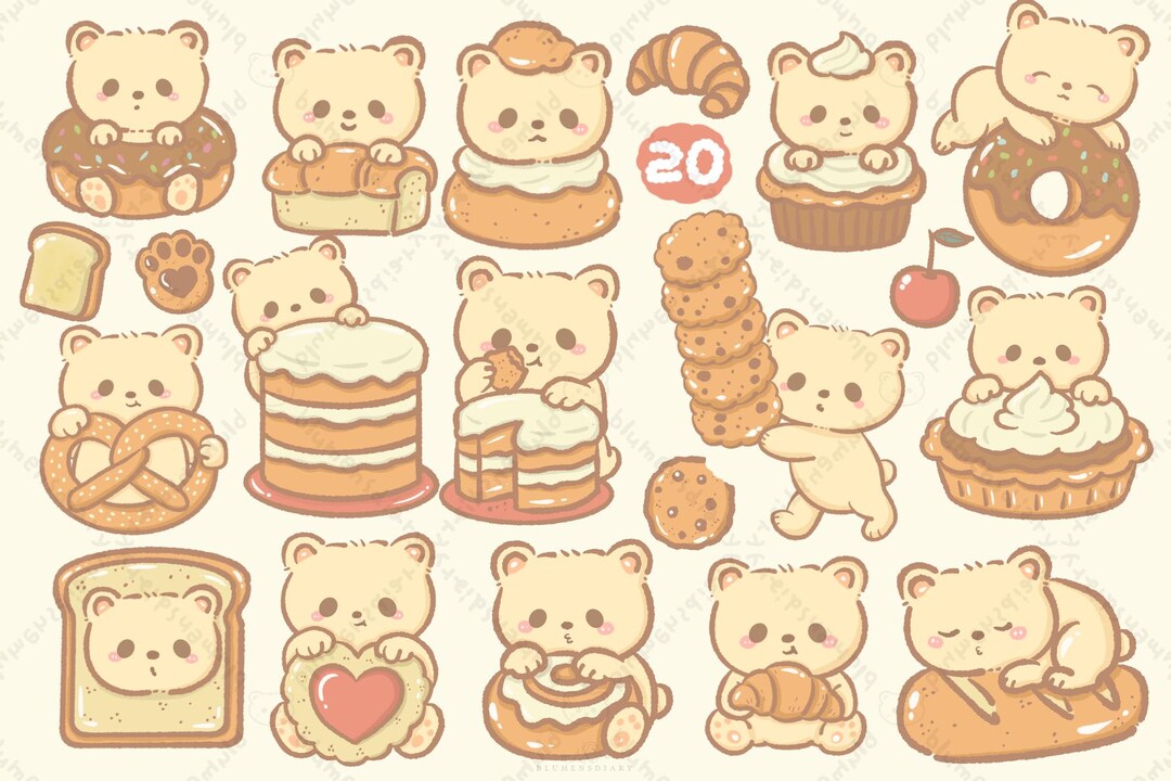 Honee the Bear Bakery Clipart: Kawaii Dessert PNG Illustrations ...