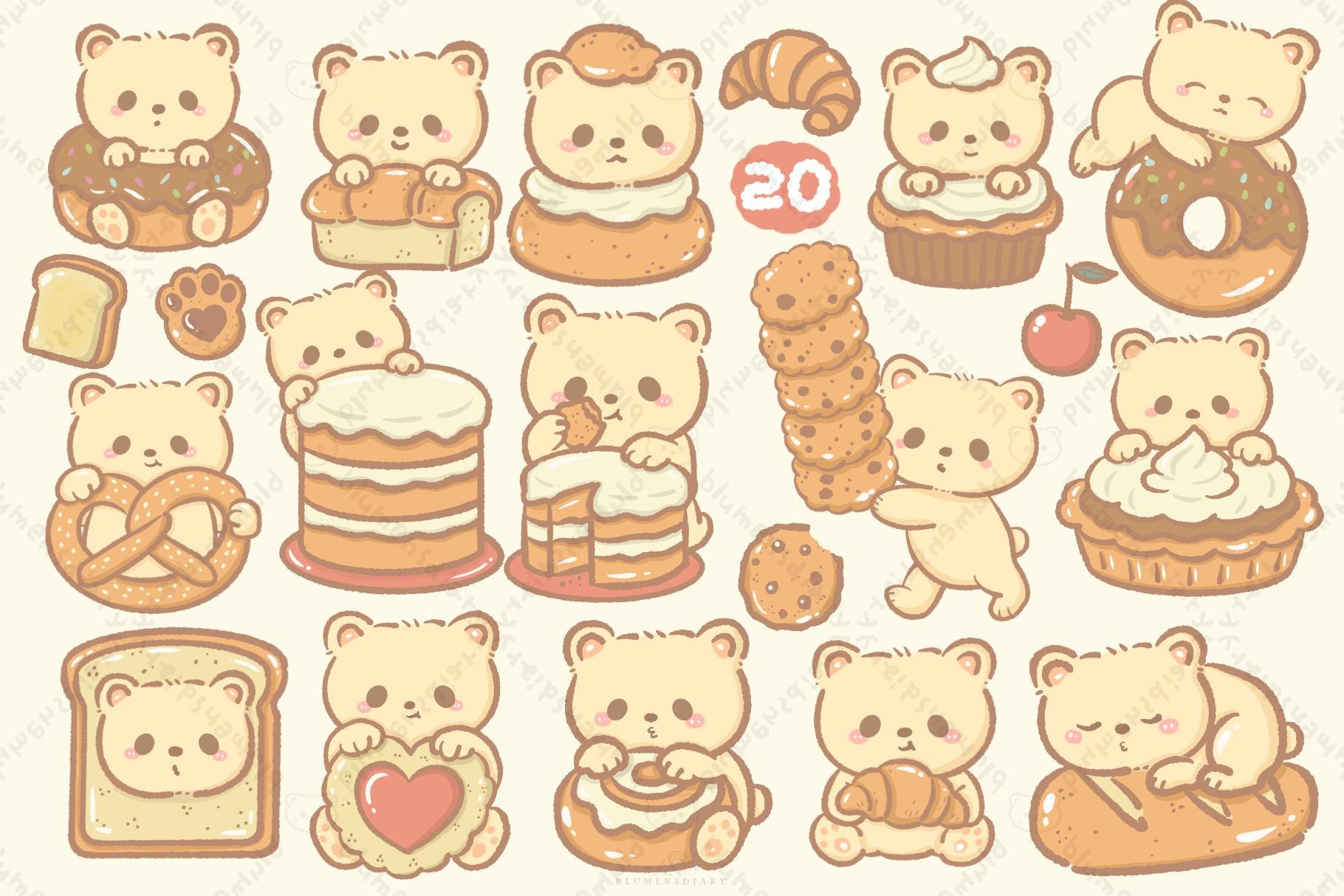 Honee the Bear Bakery Clipart: Kawaii Dessert PNG Illustrations ...