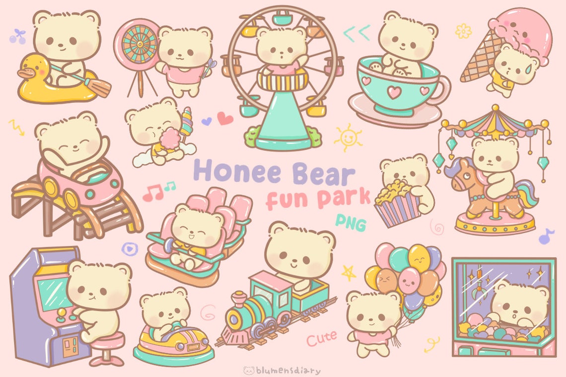 Kawaii Bear Fun Park Clipart-20 High-quality Pngs Illustration Hand ...