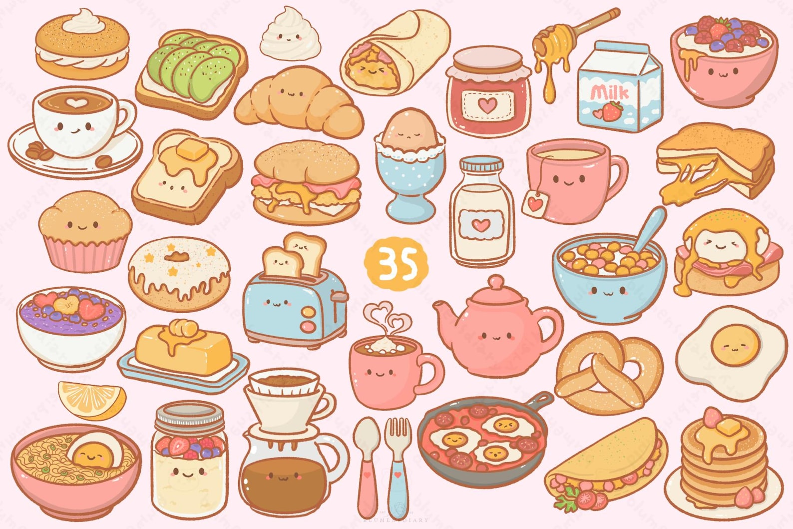 Kawaii Breakfast and Brunch Clipart Cute Food PNG Set 35 High Quality ...