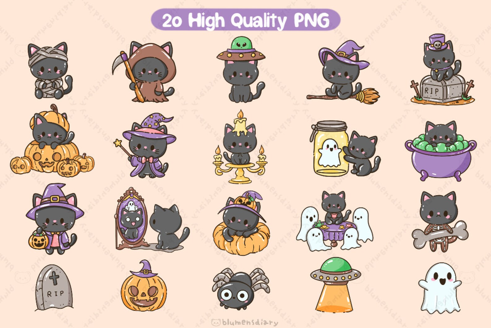 Luna the Black Cat Spooky Halloween Clipart - 20 High-quality Pngs ...