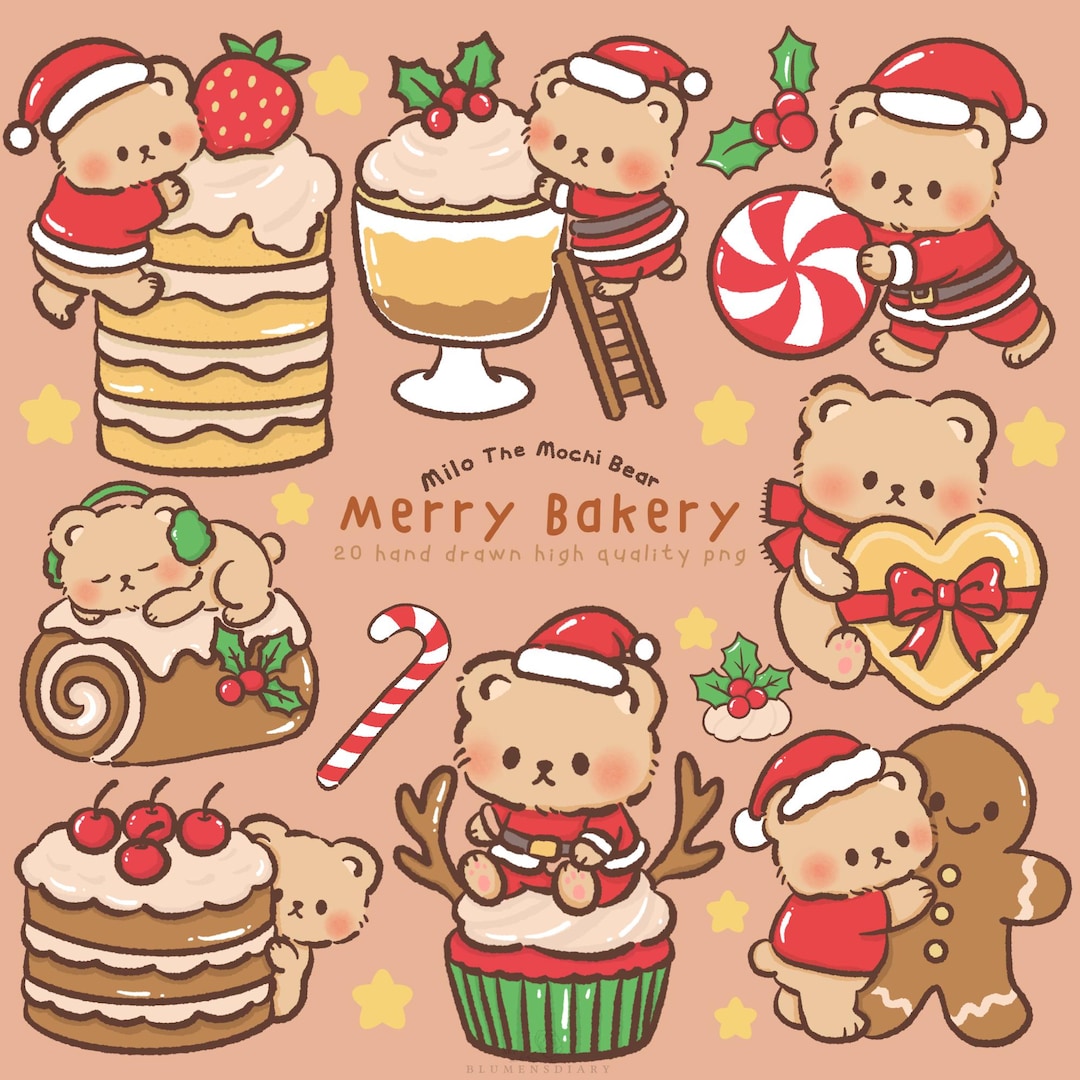Kawaii Christmas Bear Bakery Clipart: Festive Holiday Desserts (digital ...