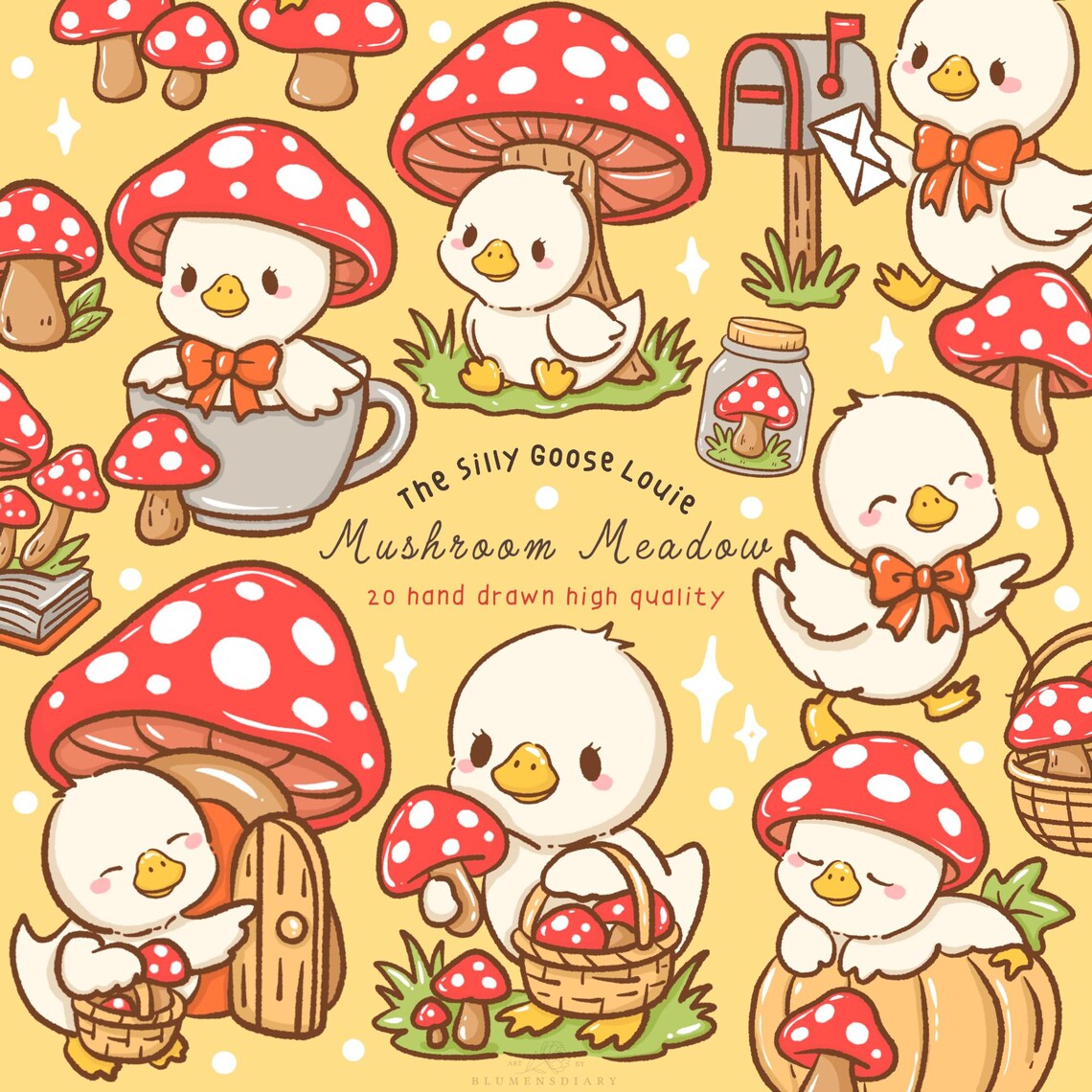 Silly Goose Clipart: Mushroom Meadow Kawaii Stickers (PNG Digital ...