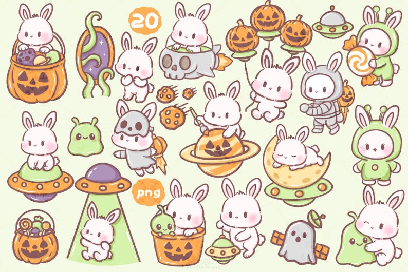 Kawaii Halloween Bunny Alien PNG Clipart: Spooky Chibi Stickers ...